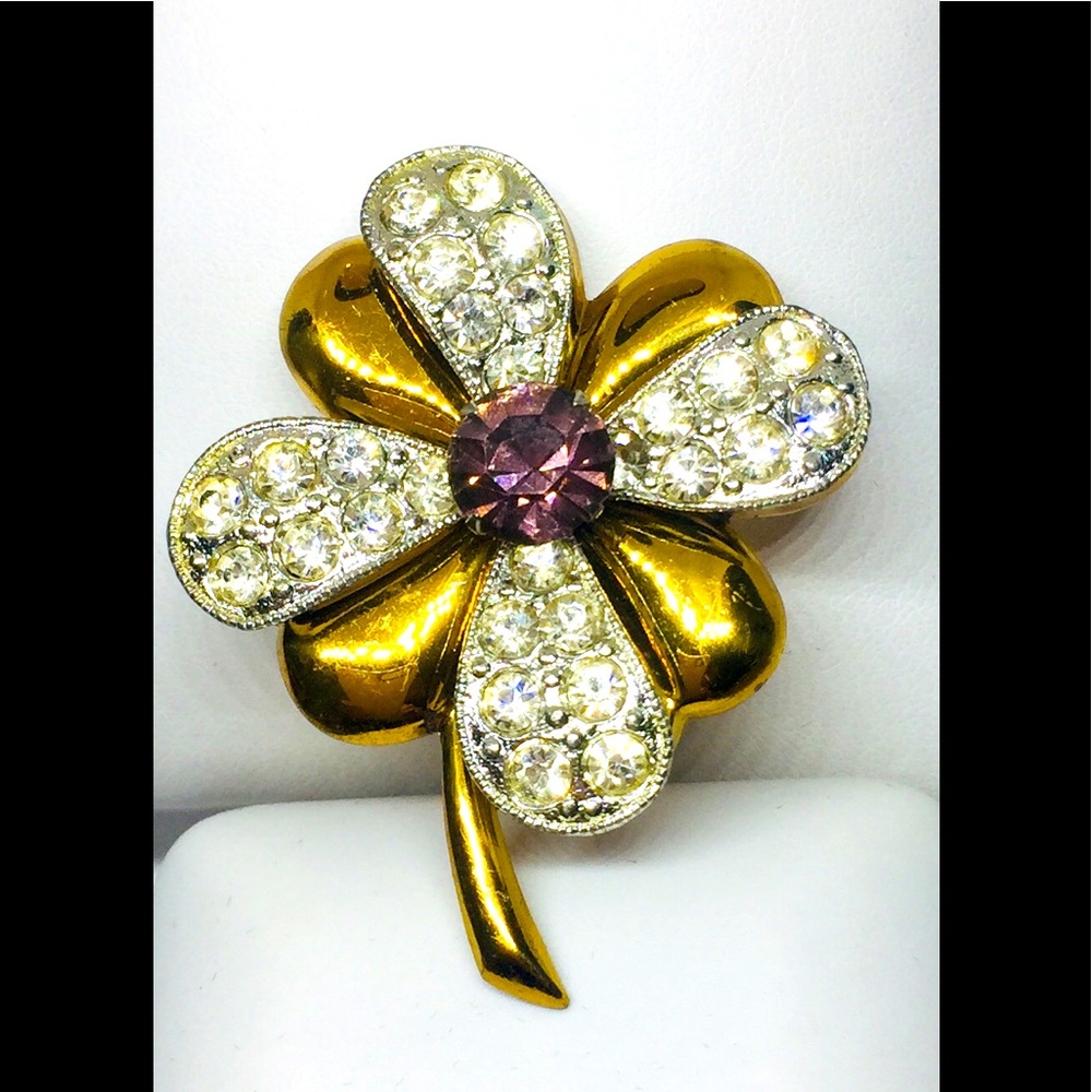 Vintage Crystal Gold Tone Four Leaf Clover Brooch - Gem
